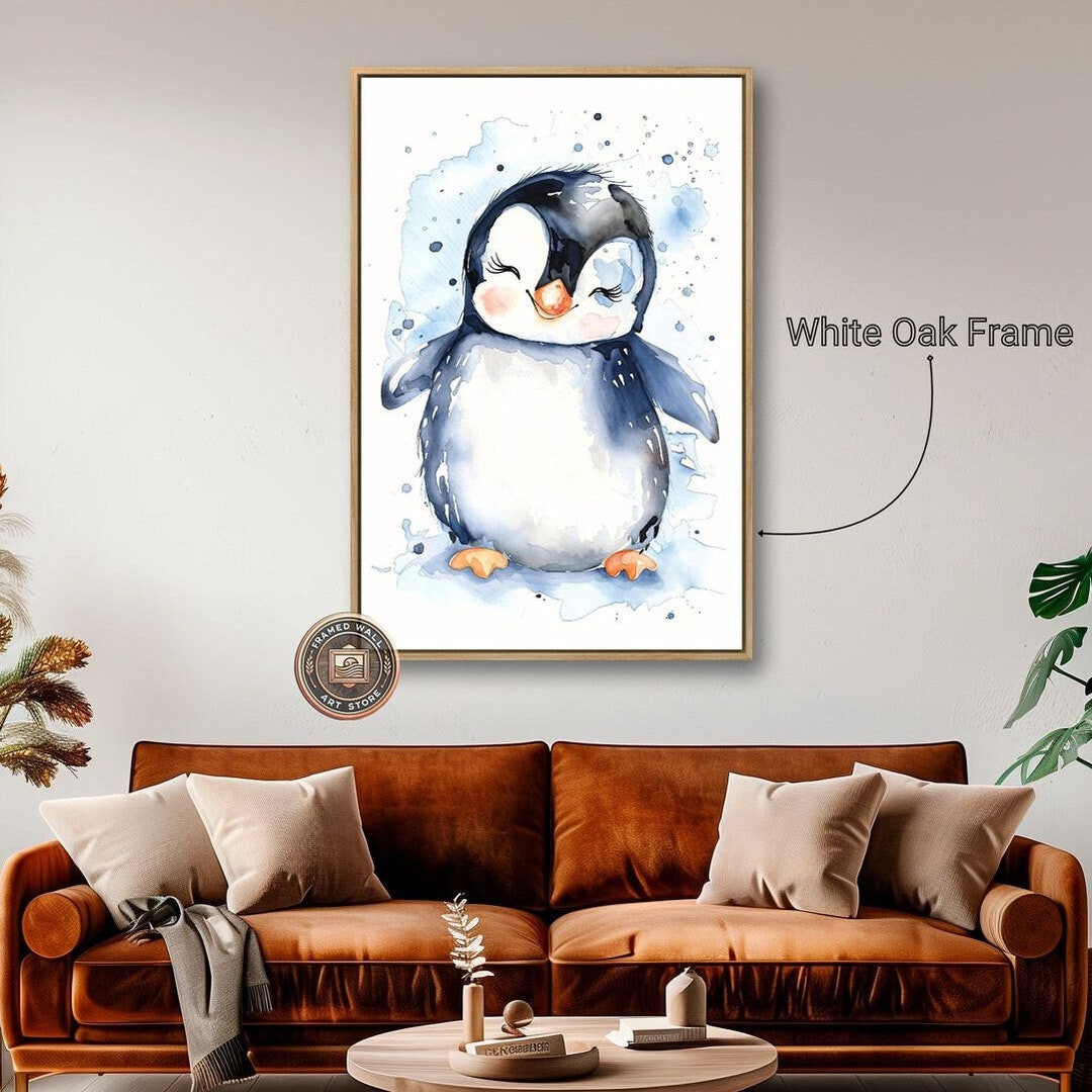 Adorable Baby Penguin Framed Canvas Wall Art Animal Watercolor Painting ...