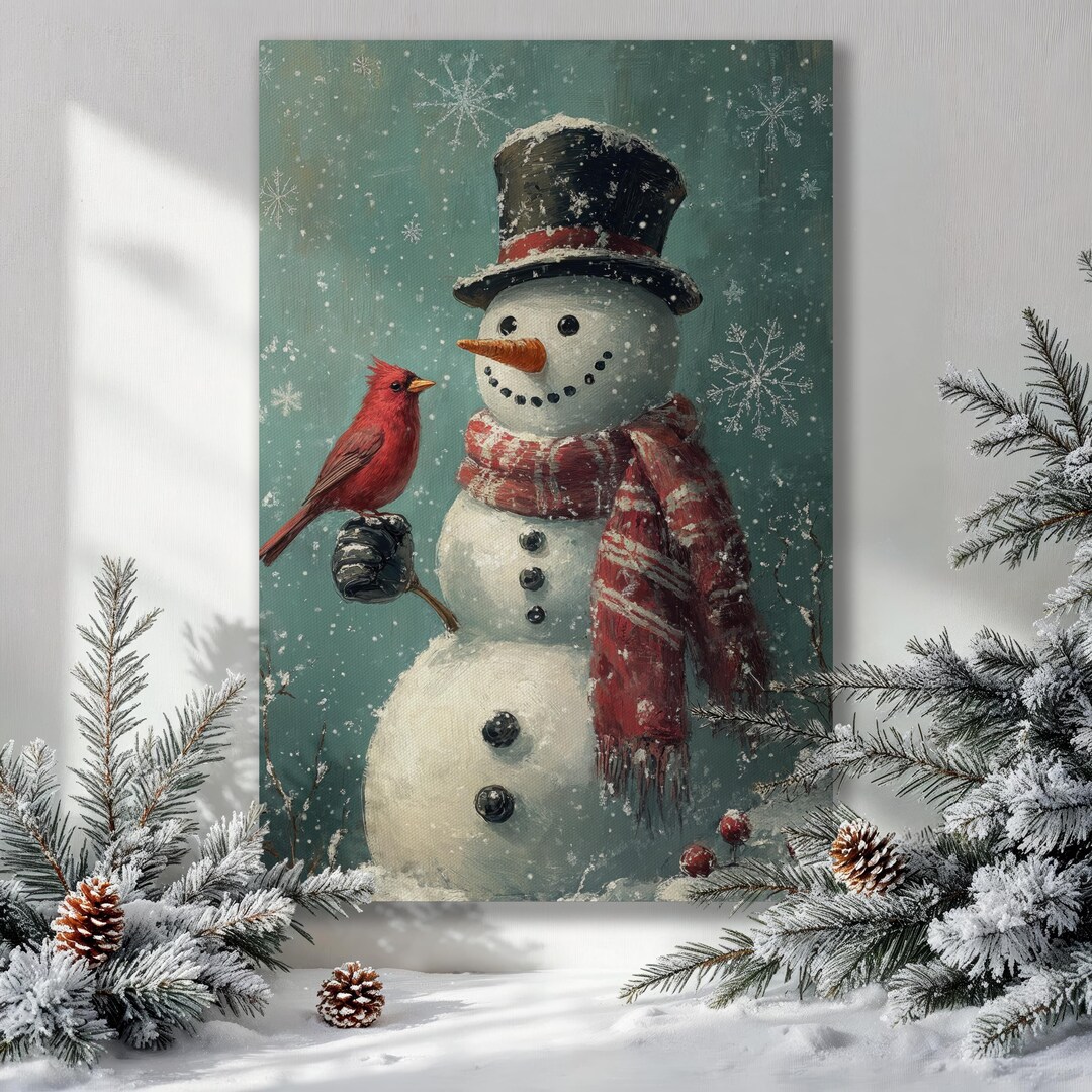 Snowman and Red Cardinal Framed Canvas Wall Art Festive Winter Scene ...