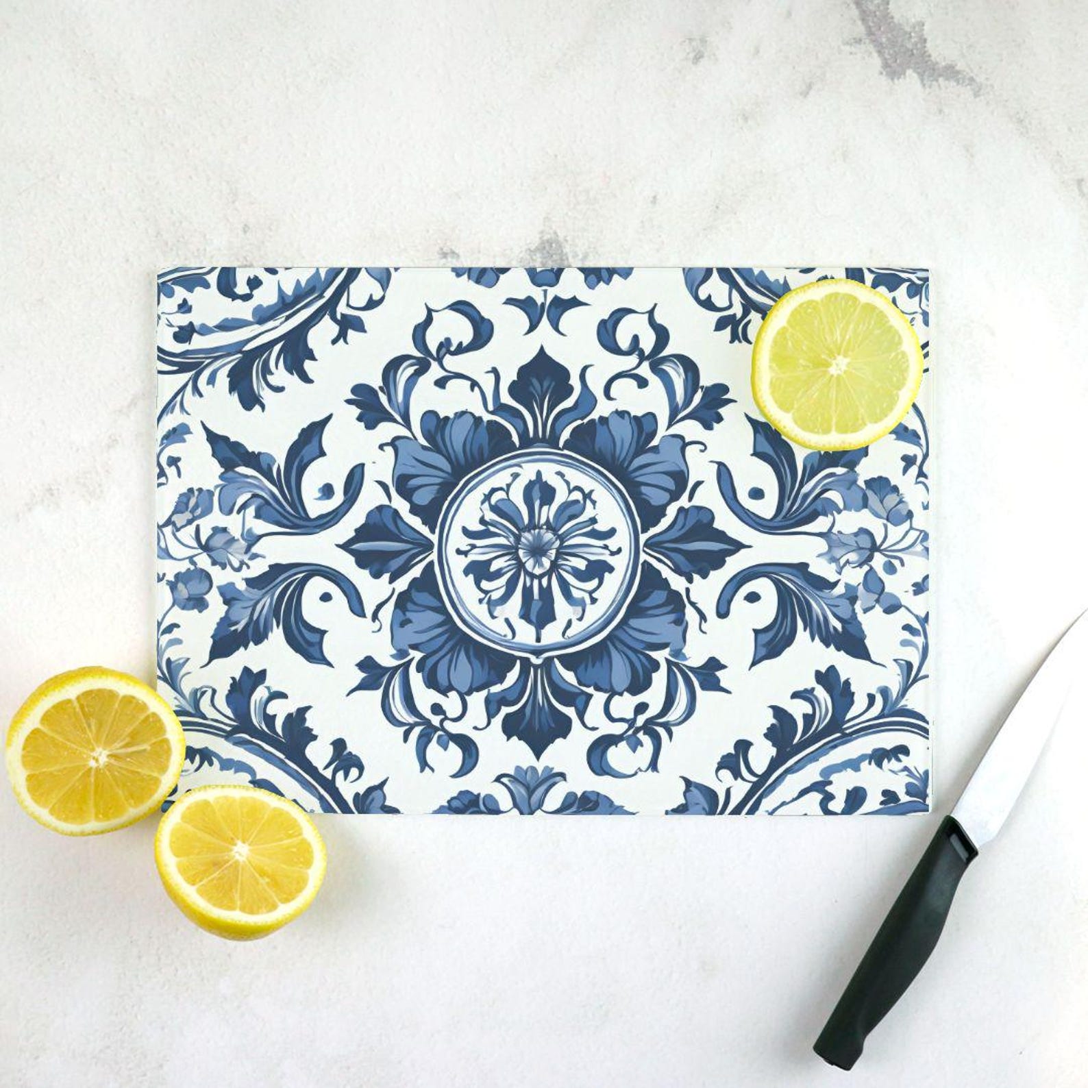 Delft Blue Style Pattern Glass Glass Cutting Board Style 4 Large (15" X ...