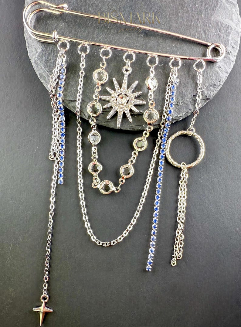 Celestial Chain Brooch – Silver Star Pin With Rhinestones – Statement ...