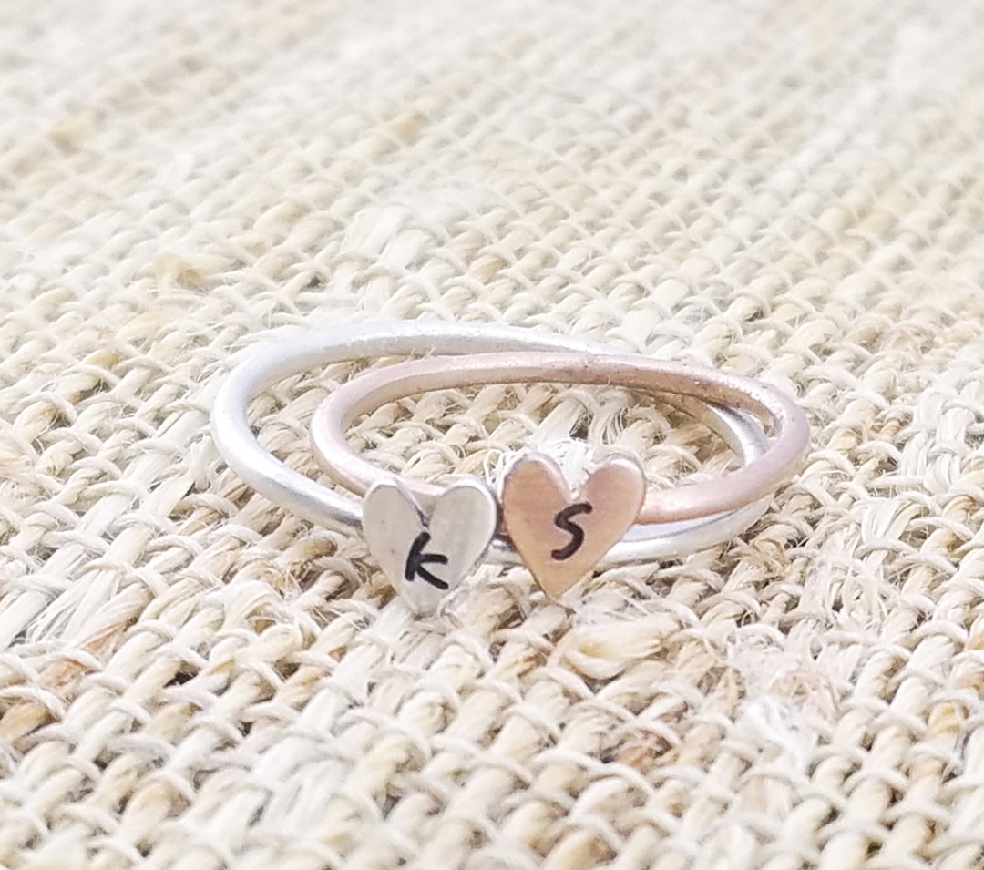 Valentines Gifts for Her Initial Ring Personalized Heart Initial Jewelry Rose Gold Stacking Ring ...