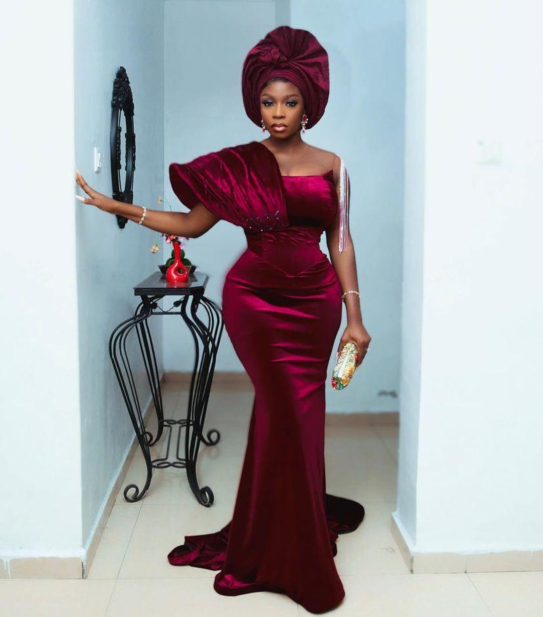 Elegant Maxi Maroon Colour Elegant Evening Lace Gown for Weddings and ...