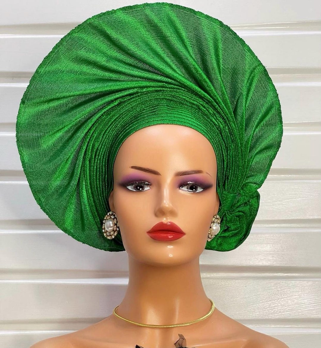 Green Autogele: Pre-tied Asooke Headtie With Ipele for Weddings - Etsy