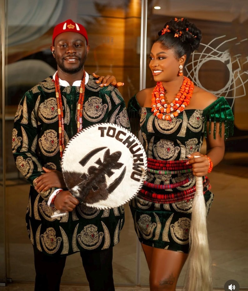 Matching Isiagu Couple Attire, Traditional Igbo Wedding Outfit, Nigerian Engagement Wear, and ...