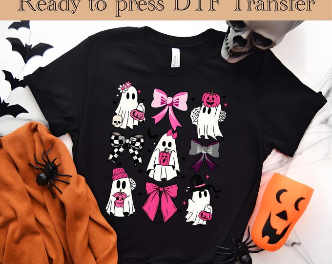 Coquette Halloween DTF Transfer, Pink Cute Ghost Halloween Ready to Press, Pink Bow DTF Print ...