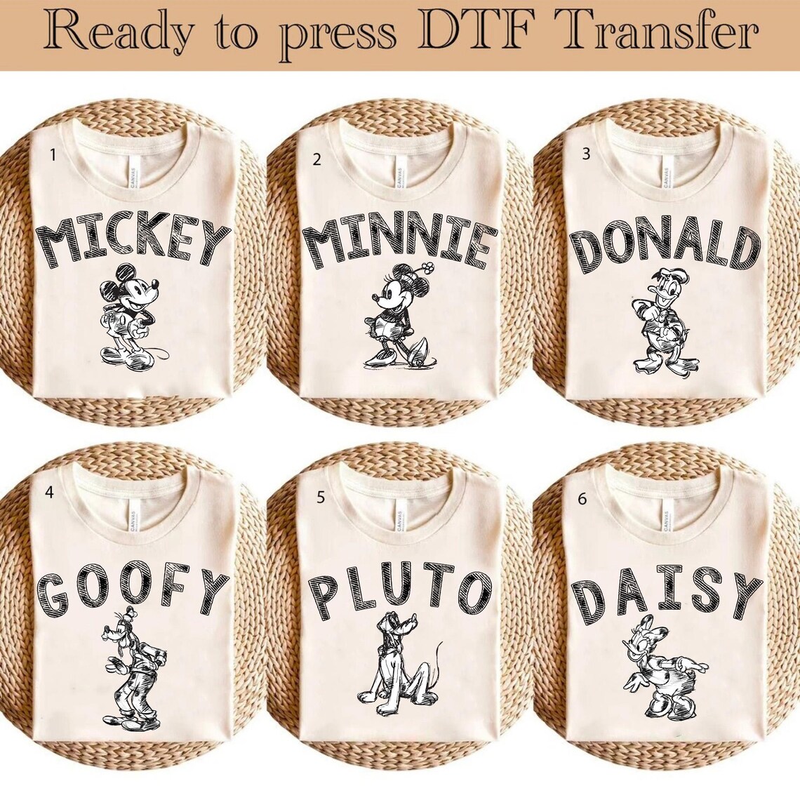 Disney Characters Pencil Drawing DTF ,mickey and Friends Ready to Press ...