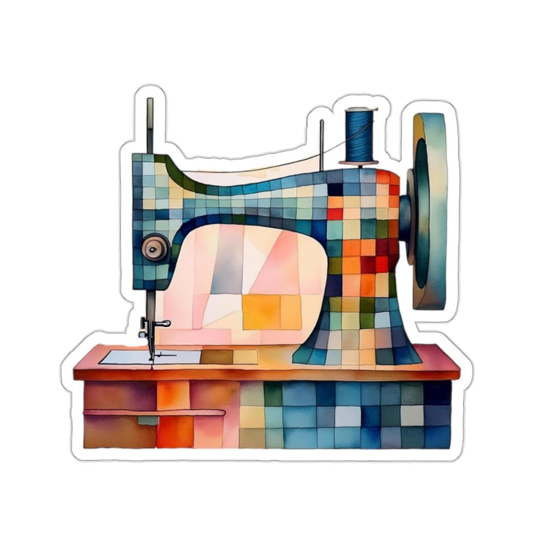 Rainbow Quilt Themed Vintage Sewing Machine Sticker. Die-cut Watercolor ...