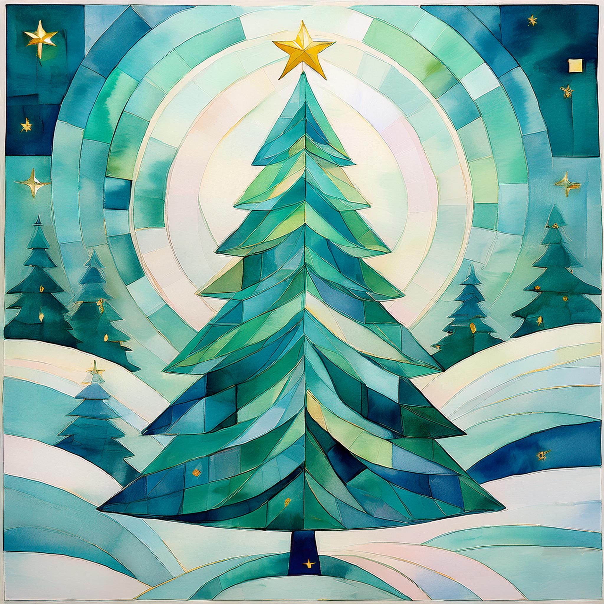 Teal Fir Tree Holiday Greeting Card, Quilted Christmas Tree, Watercolor ...