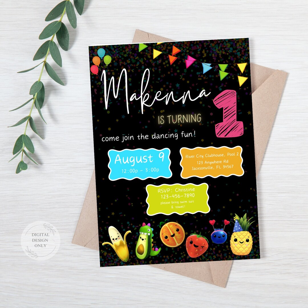 Dancing Fruit Birthday Invitation, Dancing Fruit Printable, Birthday ...