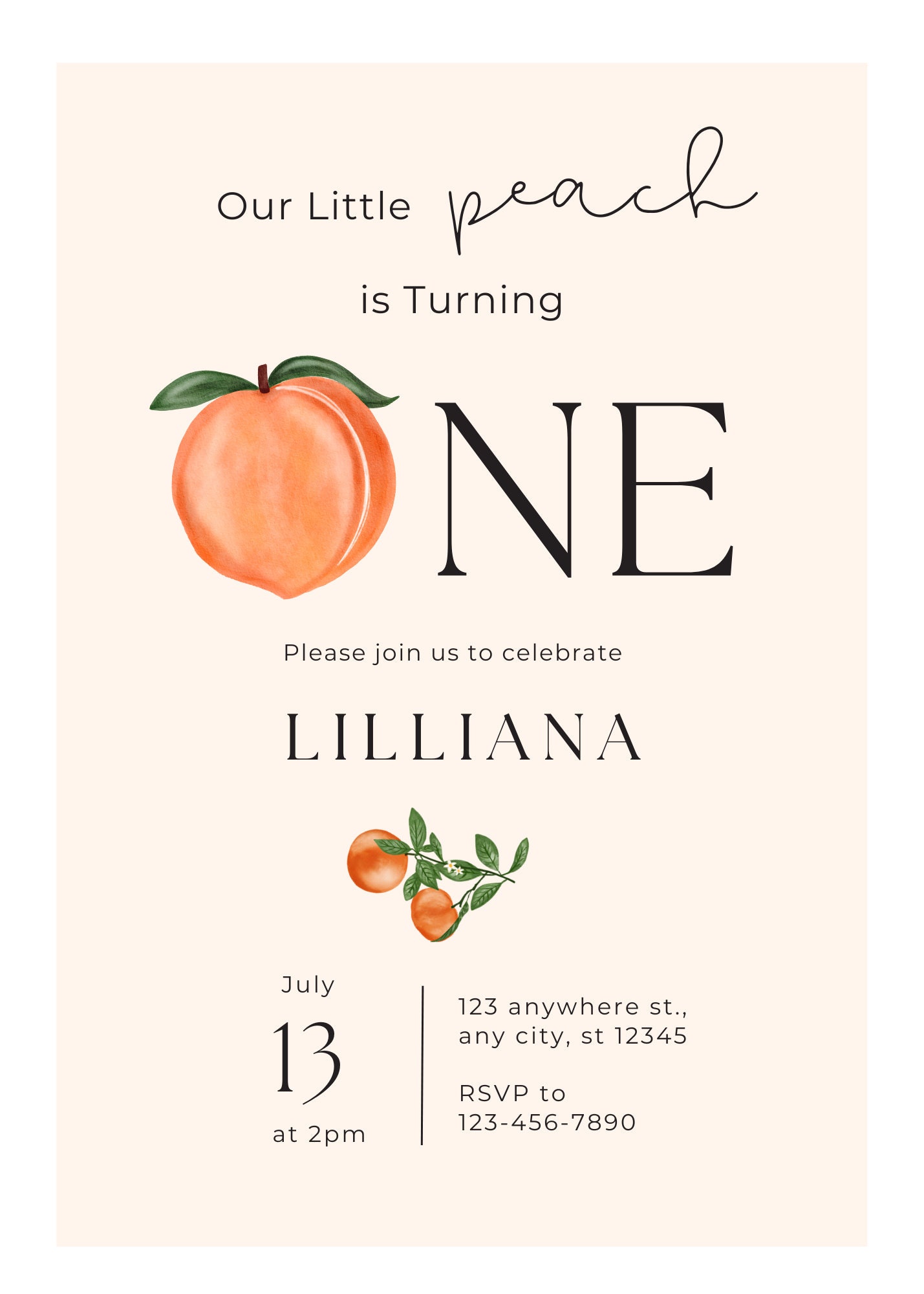 Peach Birthday Invitation, Peach Theme Birthday, Kids Birthday ...