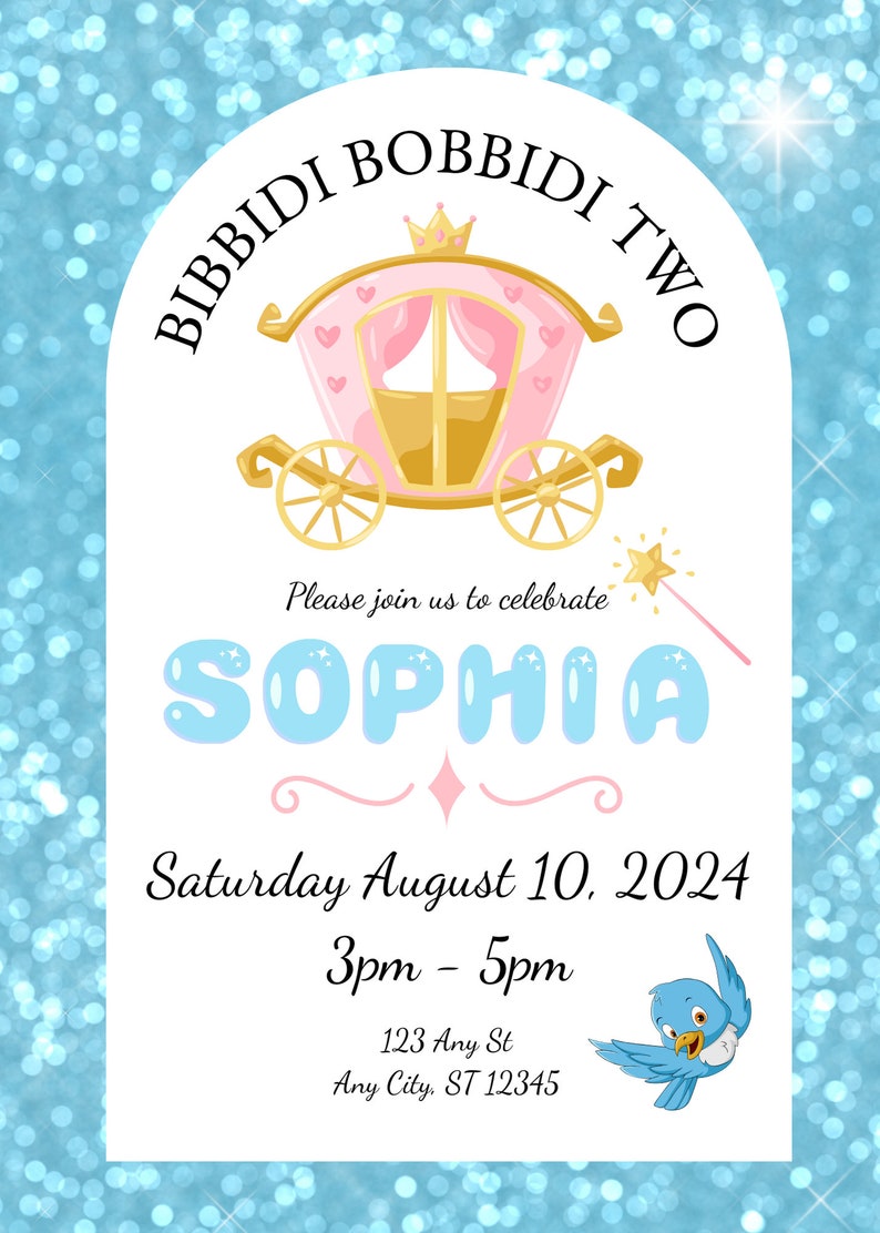 Bibbidi Bobbidi Two Birthday Invitation, Princess Theme Birthday,kids ...