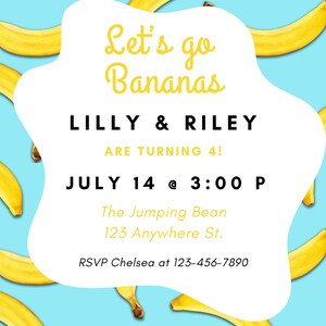 Banana Birthday Invitation, Banana Theme Birthday, Kids Birthday ...