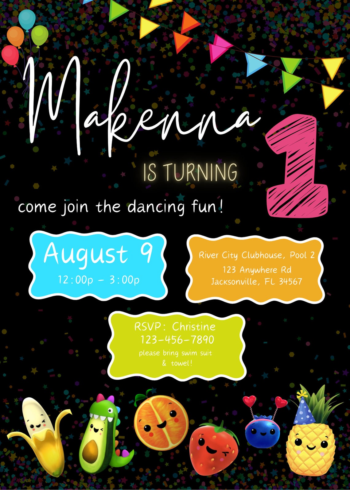 Dancing Fruit Birthday Invitation, Dancing Fruit Printable, Birthday ...