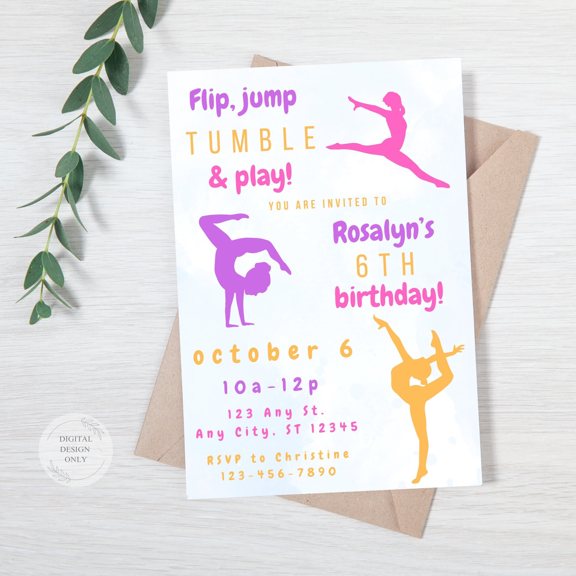 Gymnastics Birthday Invitation, Gymnastics Theme Birthday, Kids ...