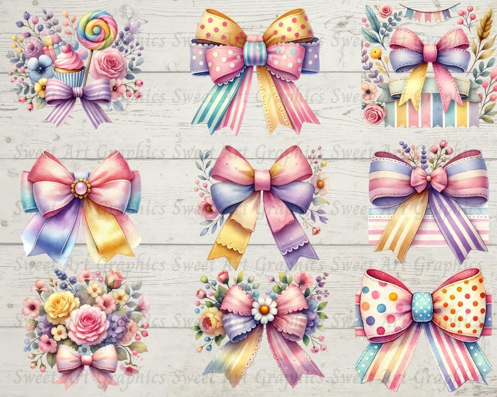 Pastel Bows Digital Clipart Transparent Background Hi-res, Coquette ...