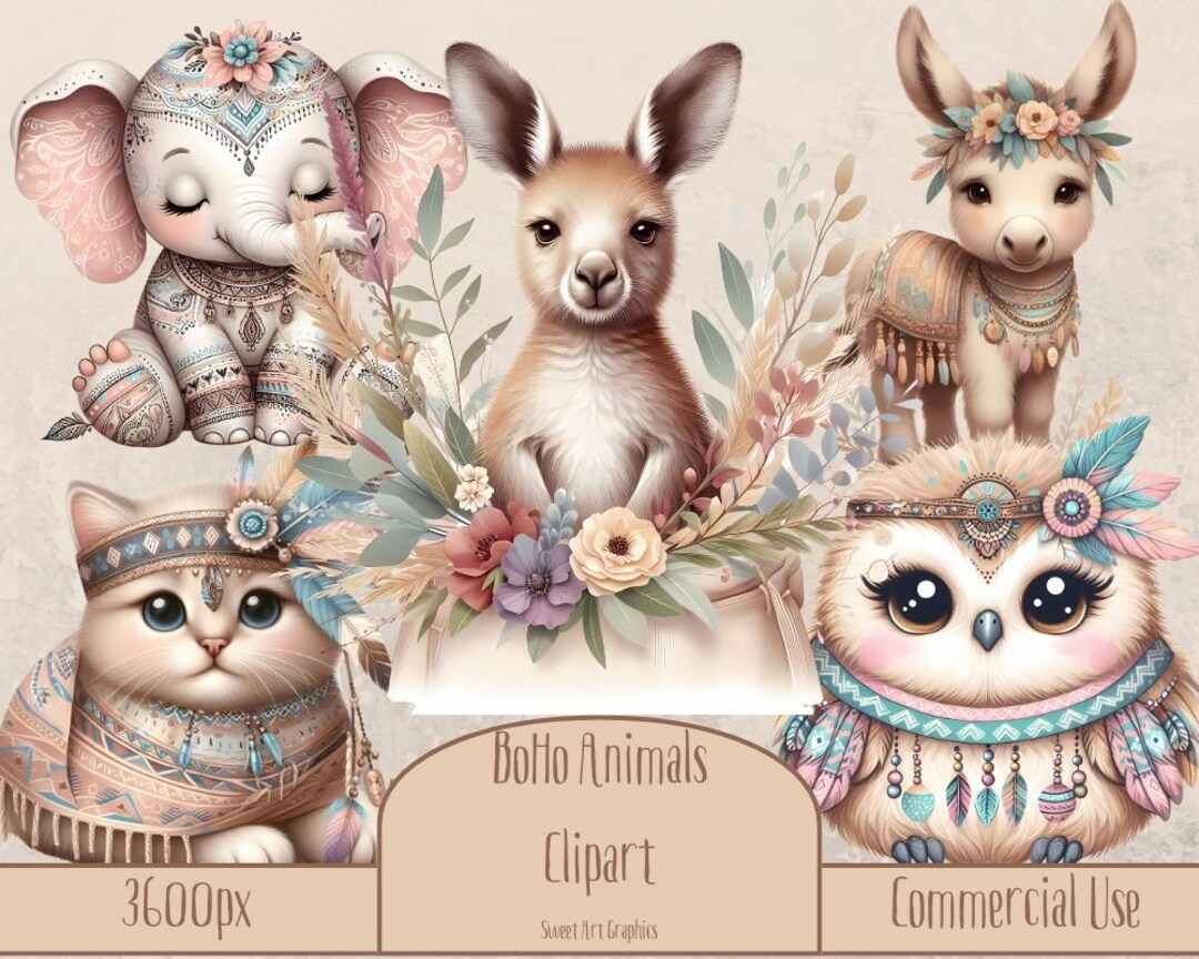 Boho Animals Clipart: Chic Nursery Art Illustrations (digital Download ...