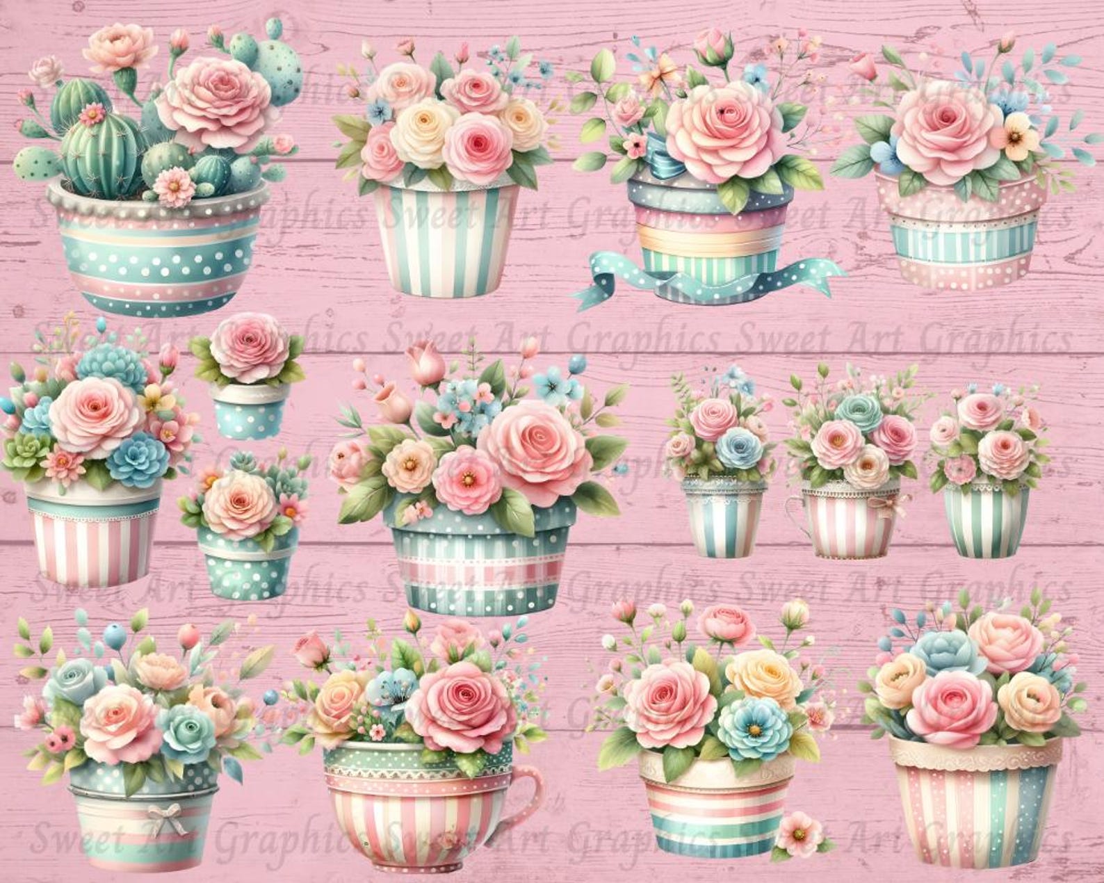 Pastel Flower Pot Clipart: Shabby Chic Floral Graphics (digital ...