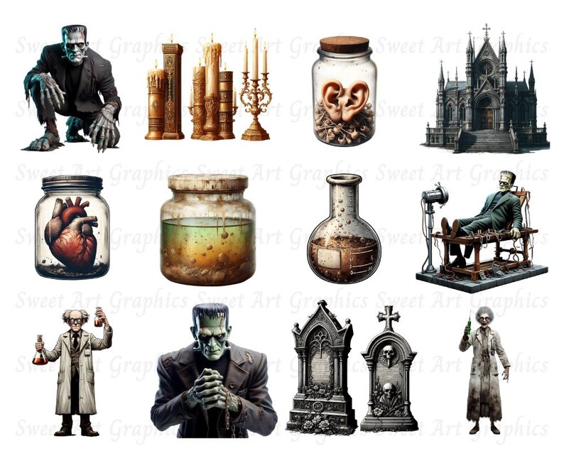 Mad Scientist Clipart: Macabre Lab Specimens, Monster Parts (PNG ...