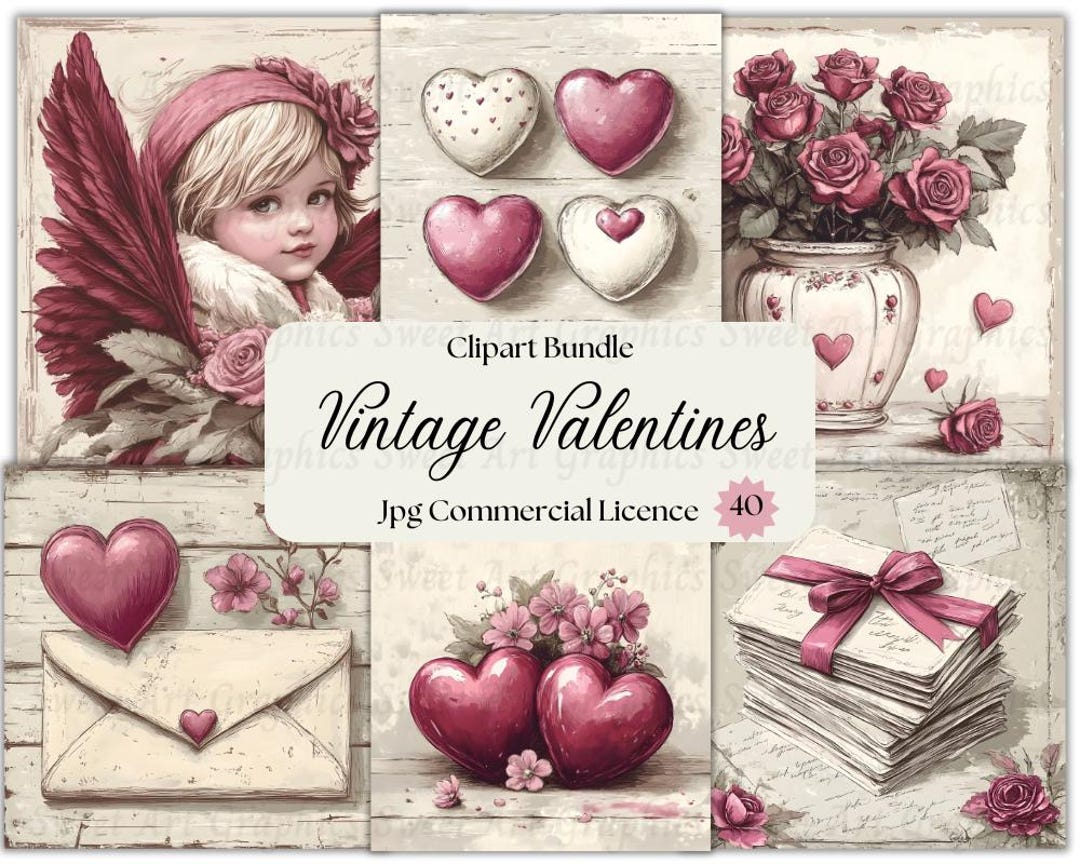Vintage Valentines Clipart: Romantic Cherubs, Hearts, Flowers (JPG ...