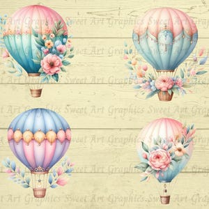 Floral Hot Air Balloon Clipart: Pastel Nursery Art (digital Download ...