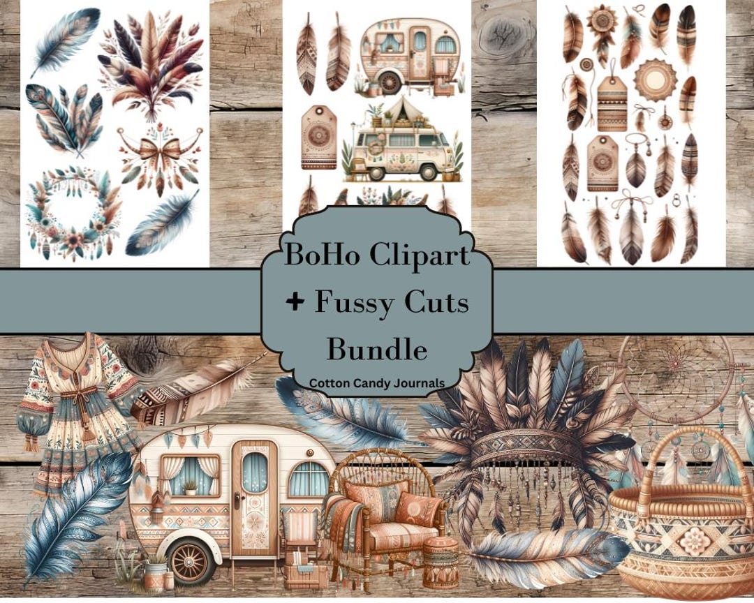 Boho Clipart Bundle: Vintage Graphics, Fussy Cuts, Digital Papers ...