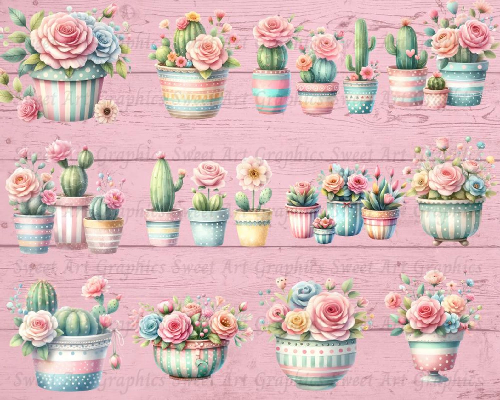 Pastel Flower Pot Clipart: Shabby Chic Floral Graphics (digital ...
