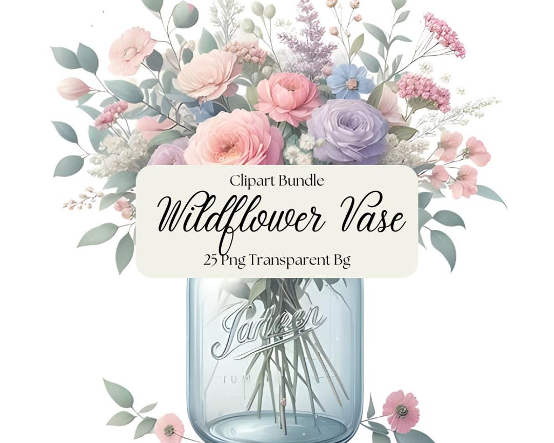 Wildflower Vase Digital Clipart, Floral Vases, Glass Vase With ...