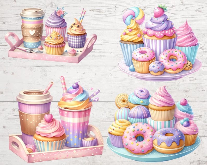 Pastel Coffee & Donuts Digital Clipart, Transparent Bg, Shabby Chic ...