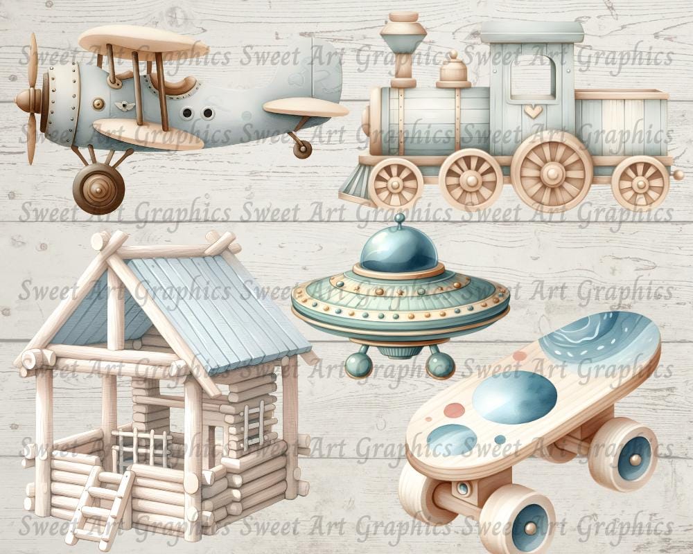 Wooden Boys Toys Clipart: Watercolor Nursery Art (digital Download) - Etsy