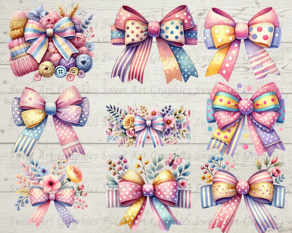 Pastel Bows Digital Clipart Transparent Background Hi-res, Coquette ...