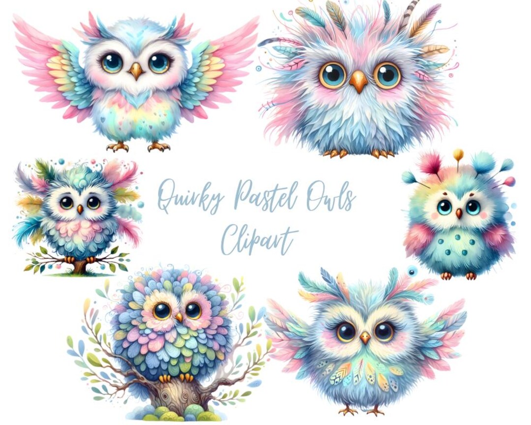 Quirky Pastel Owls Digital Clipart, Whimsical Scruffy Pastel Owl Images ...