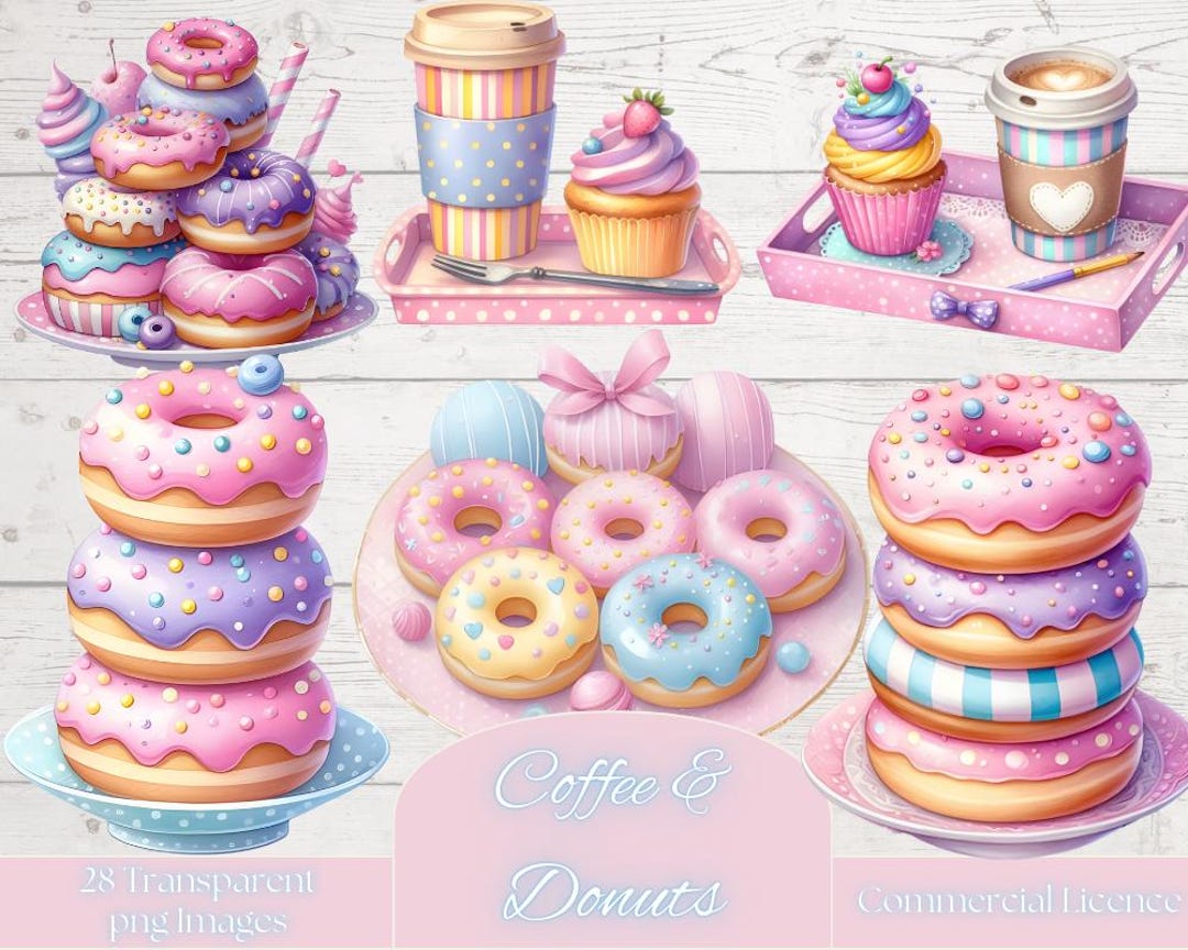 Pastel Coffee & Donuts Clipart: Shabby Chic Digital Art (PNG) - Etsy