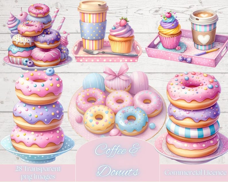 Pastel Coffee & Donuts Digital Clipart, Transparent Bg, Shabby Chic ...