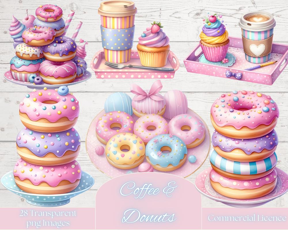 Pastel Coffee & Donuts Digital Clipart, Transparent Bg, Shabby Chic ...