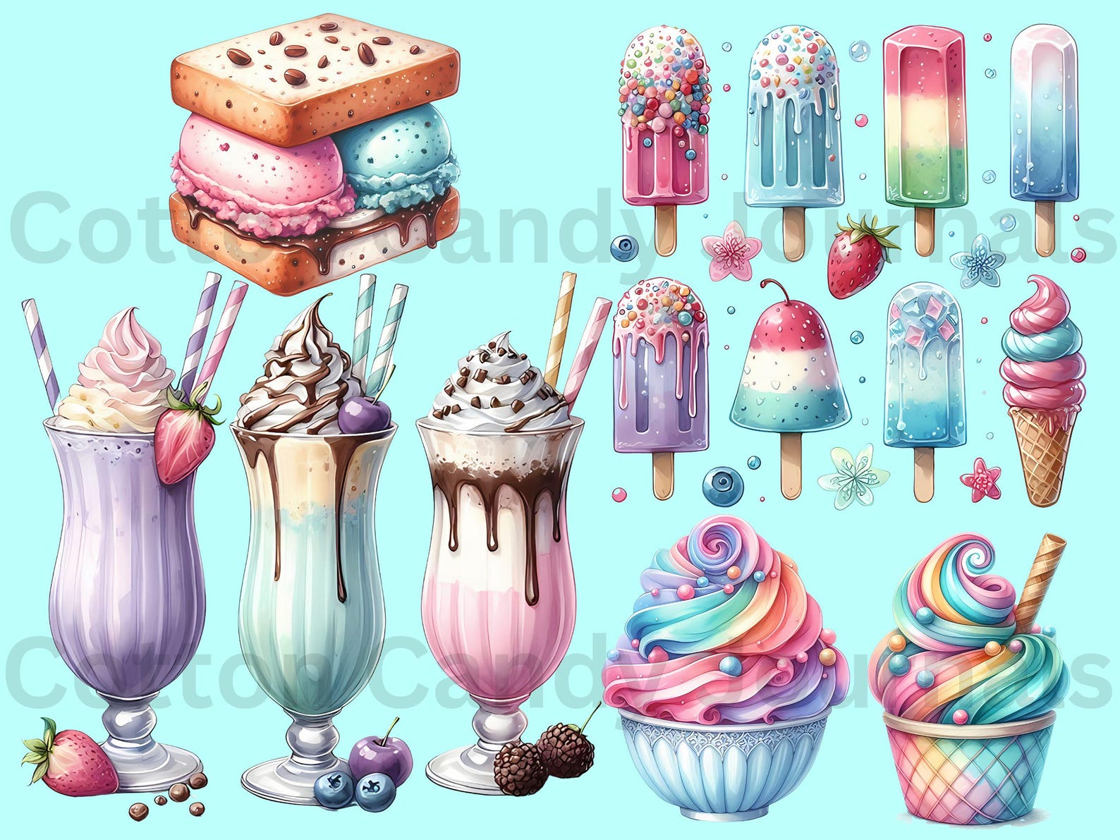 Icecream Clipart 2 Watercolor Dessert Illustrations, Ice Cream Cone ...