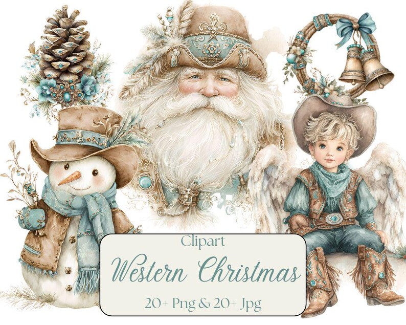 Western Christmas Clipart |PNG and JPG | Cowboy Art | Rustic Holiday ...