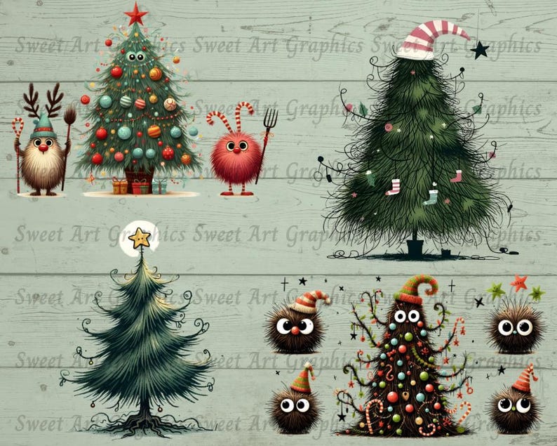 Scruffy Quirky Christmas Trees Clipart Whimsical Trees Christmas Cards ...