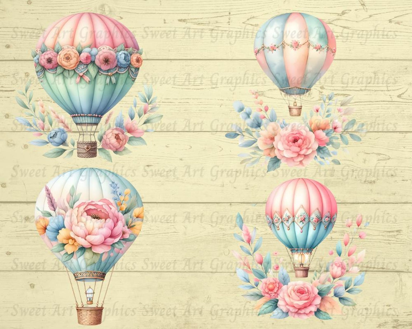 Floral Hot Air Balloon Clipart: Pastel Nursery Art (digital Download ...