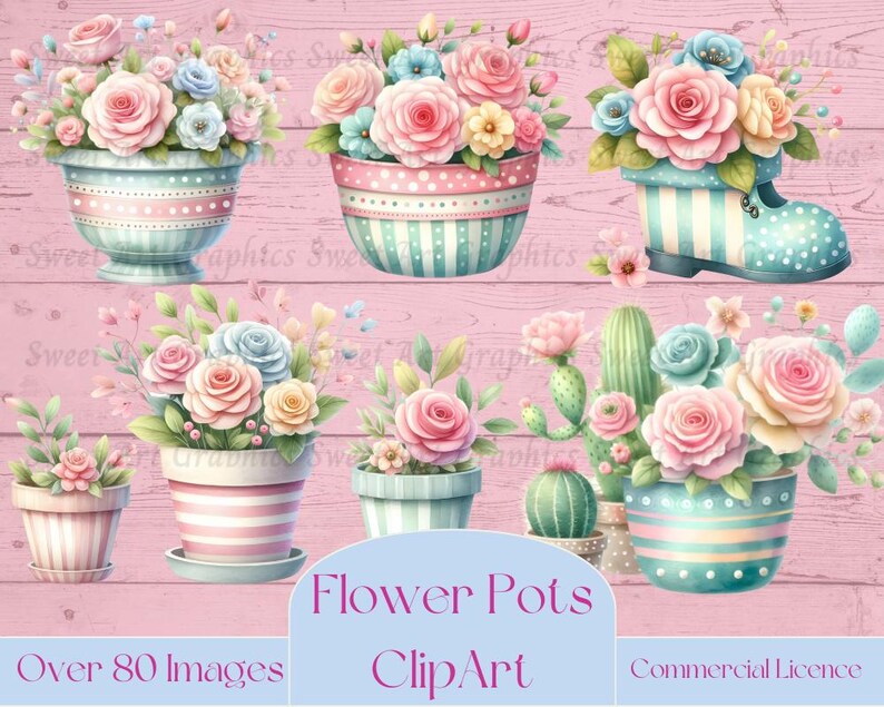 Pastel Flower Pot Clipart: Shabby Chic Floral Graphics (digital ...