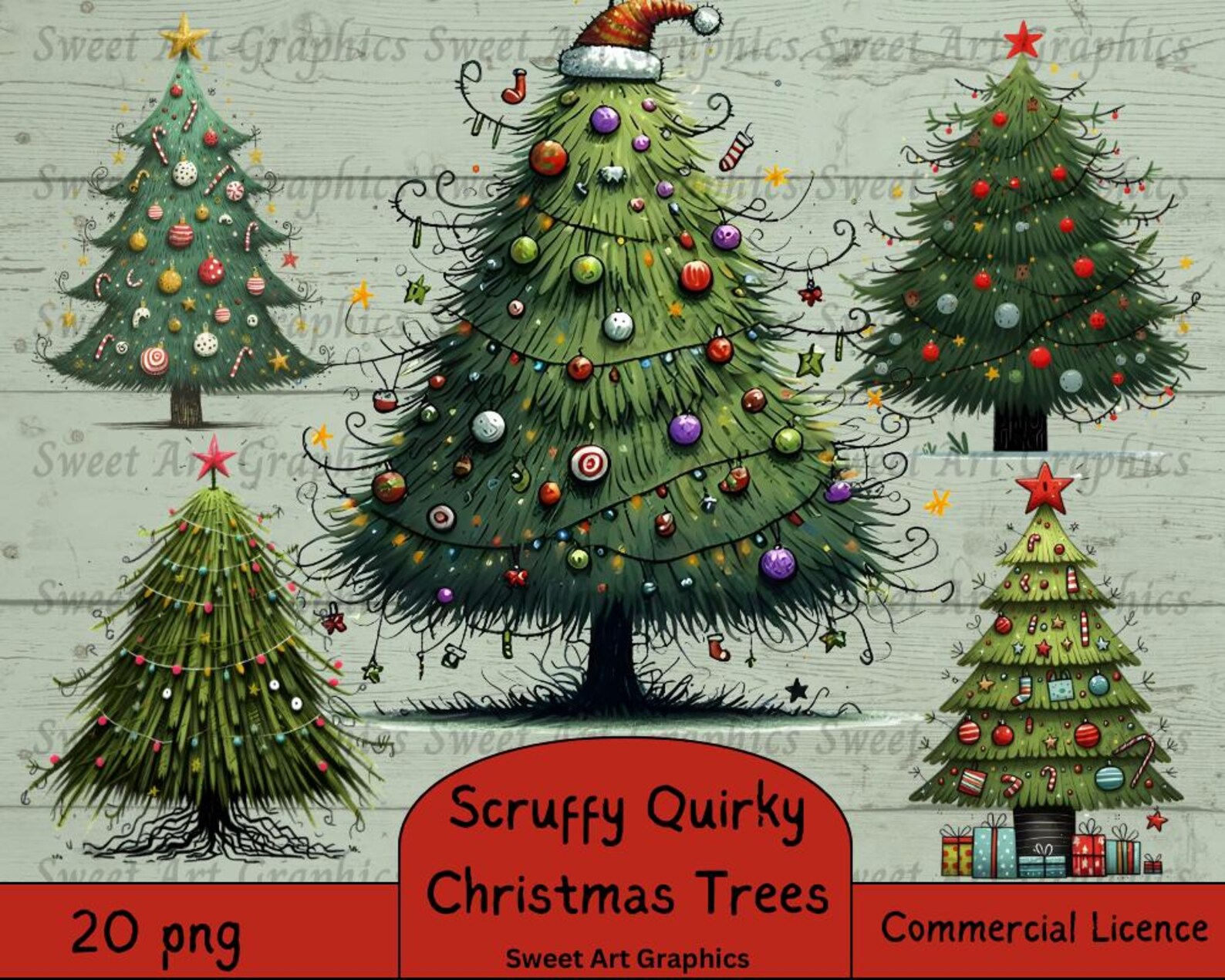 Scruffy Quirky Christmas Trees Clipart Whimsical Trees Christmas Cards ...