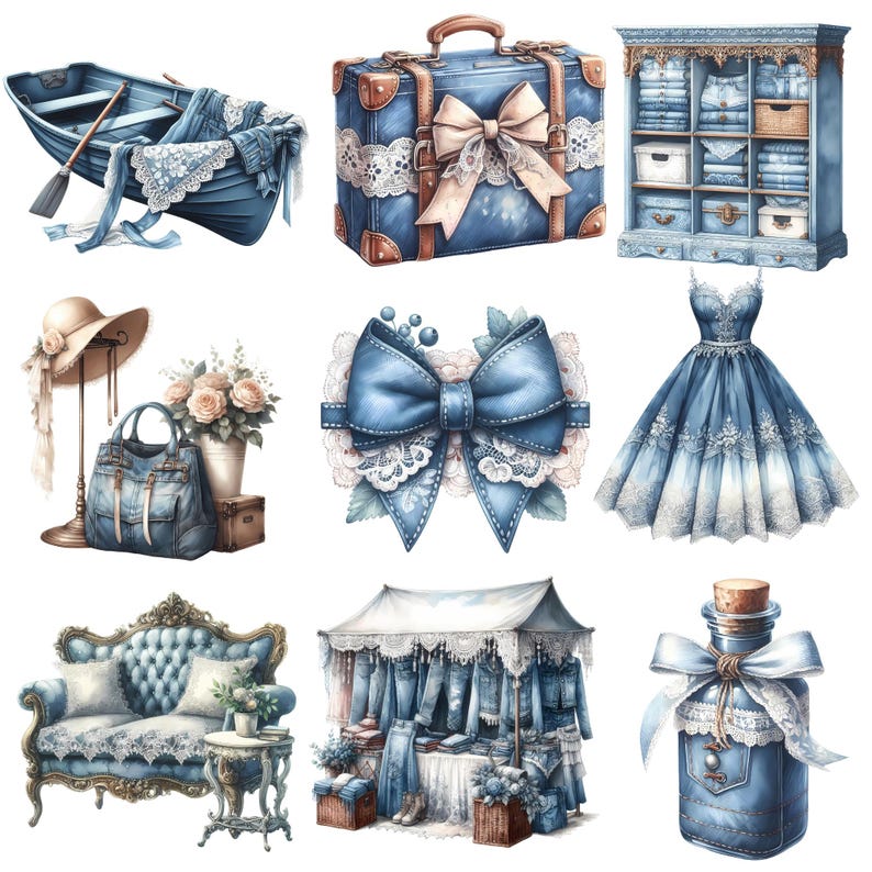 Denim & Lace Watercolor Clipart: Shabby Chic Designs (digital Download ...