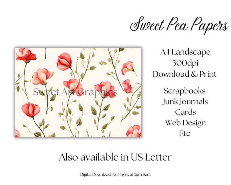 Sweet Pea A4 Landscape Digital Papers, 13 Designs, Floral Background ...
