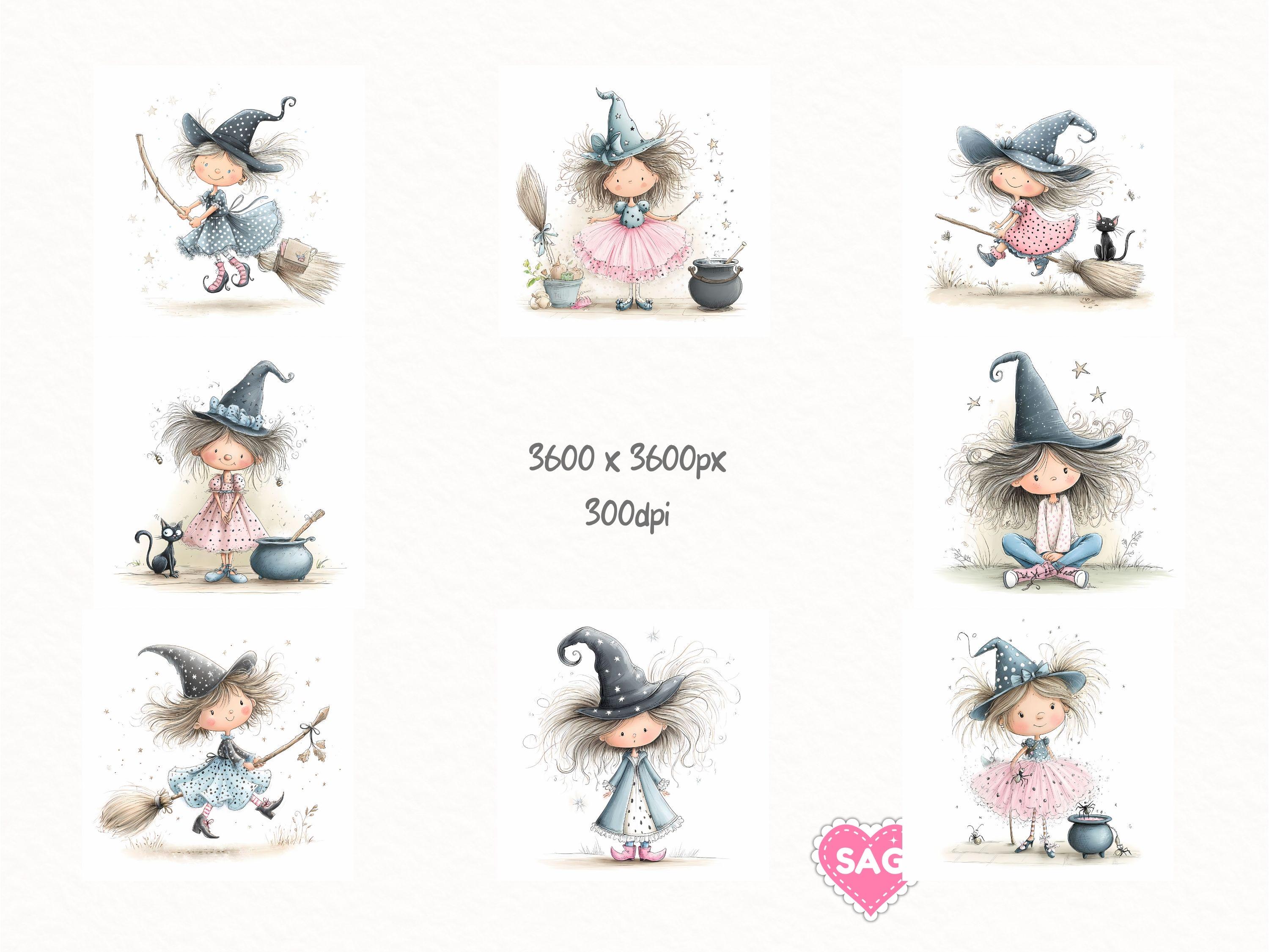 Little Witch Clipart | 20 JPG Images | Halloween Art With Brooms ...