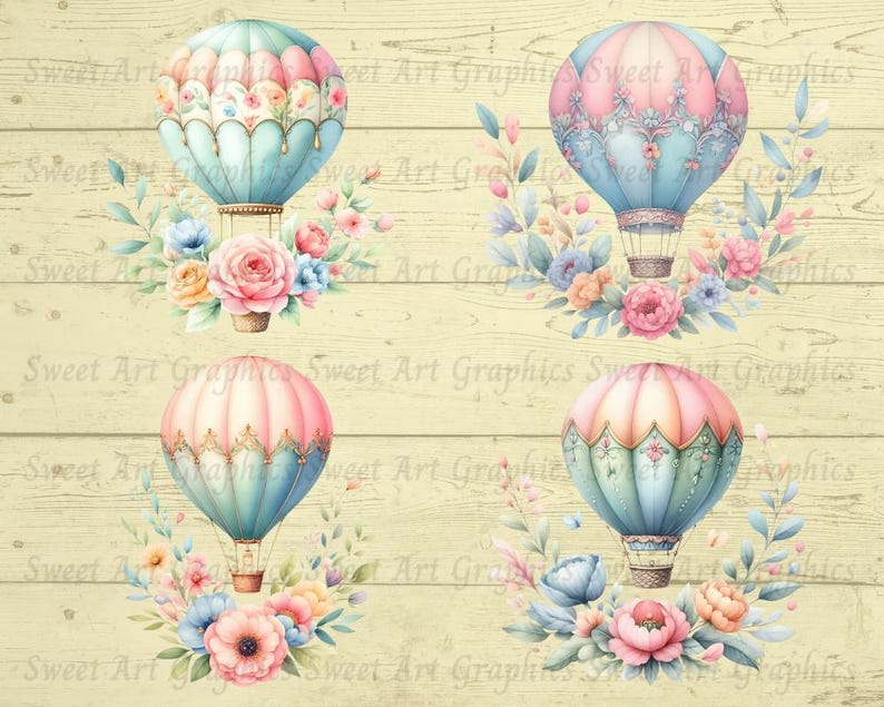 Floral Hot Air Balloon Clipart: Pastel Nursery Art (digital Download ...