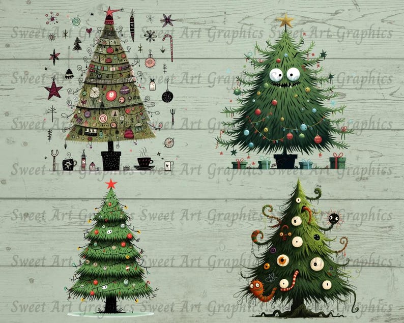 Scruffy Quirky Christmas Trees Clipart Whimsical Trees Christmas Cards ...