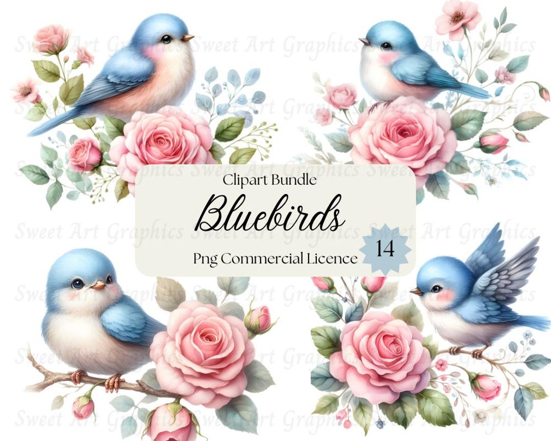 Pastel Bluebirds & Pink Roses Digital Clipart, Junk Journal Supply ...