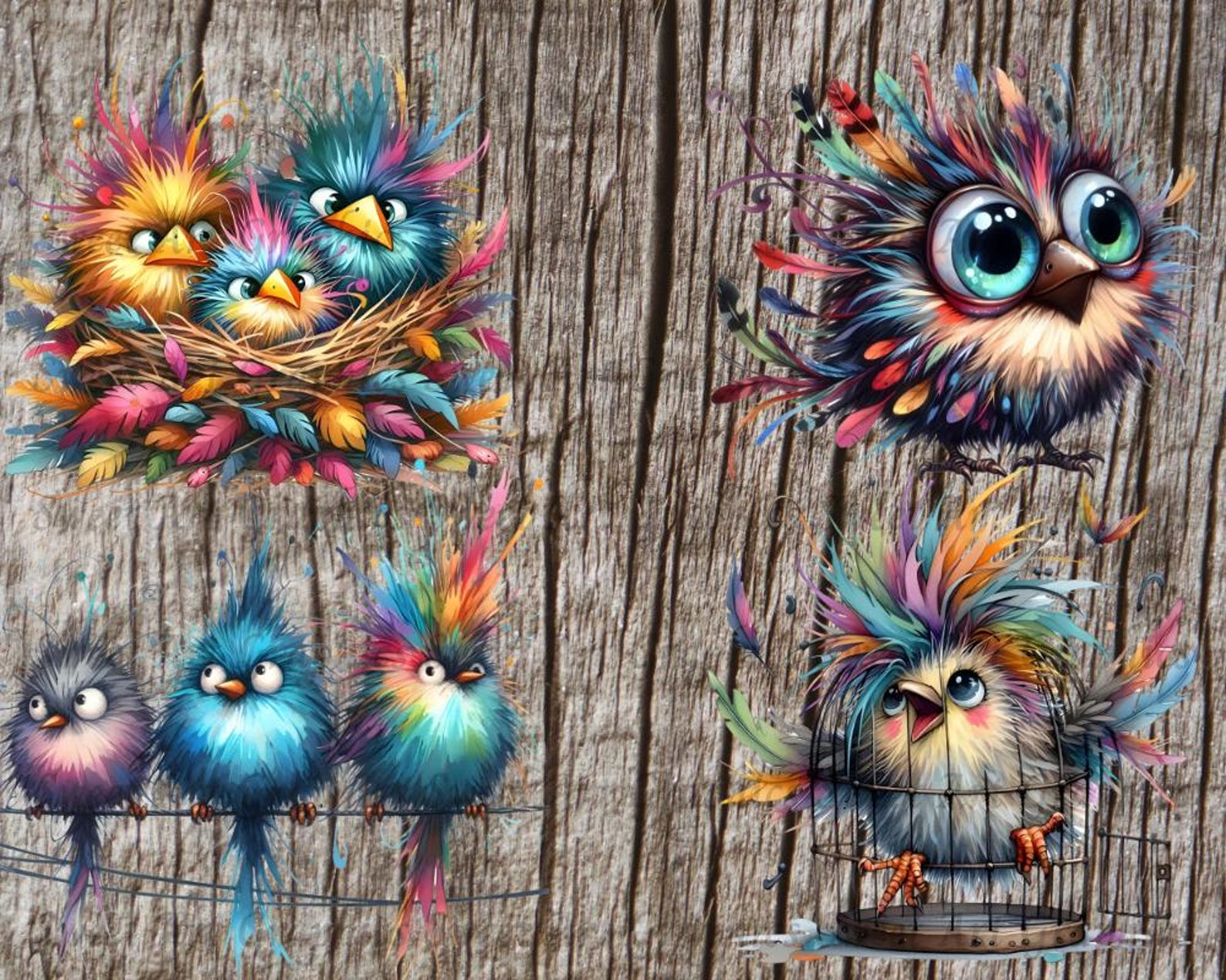Quirky Birds Clipart: Colorful Scruffy Bird PNG (digital Download) - Etsy