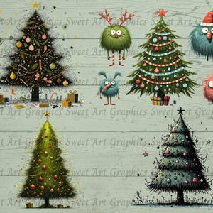 Scruffy Quirky Christmas Trees Clipart Whimsical Trees Christmas Cards ...