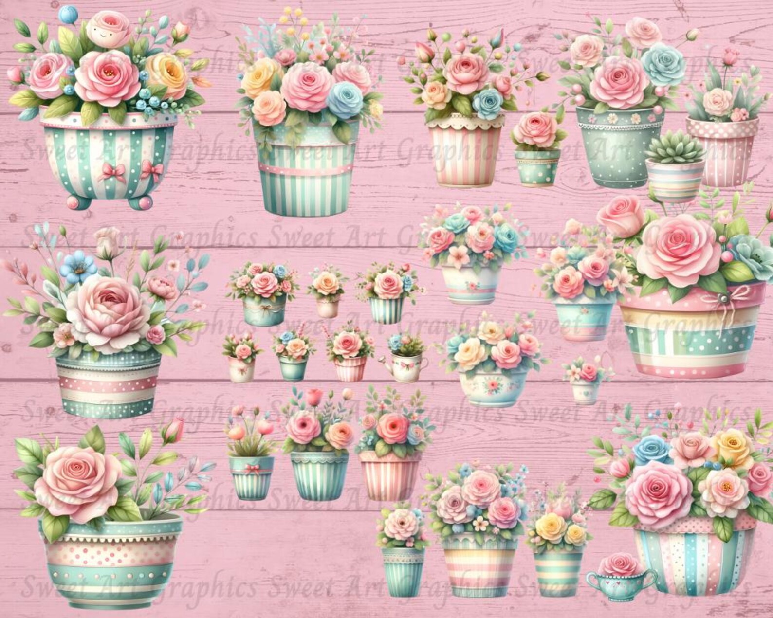 Pastel Flower Pot Clipart: Shabby Chic Floral Graphics (digital ...