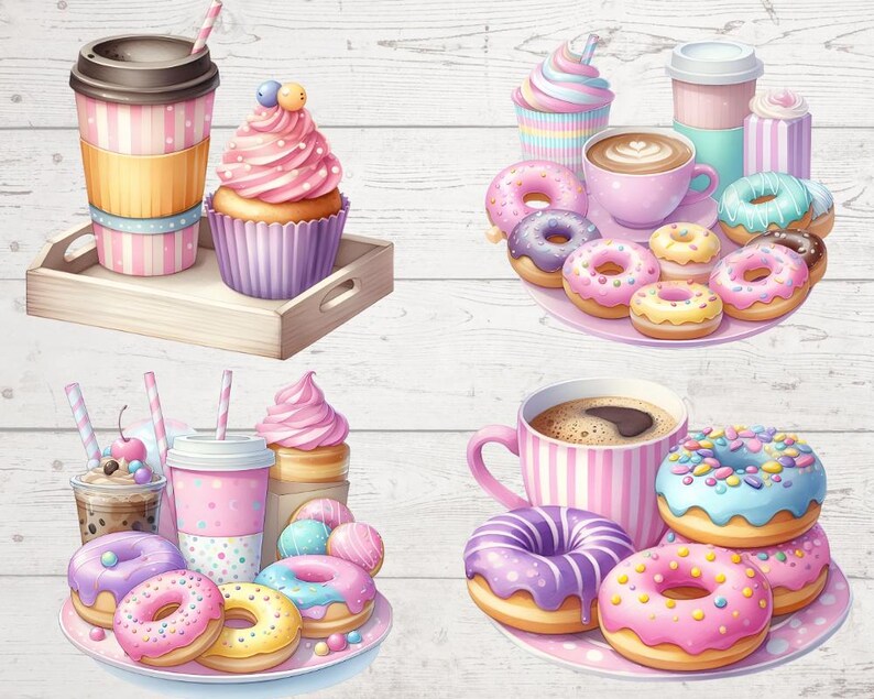 Pastel Coffee & Donuts Digital Clipart, Transparent Bg, Shabby Chic ...